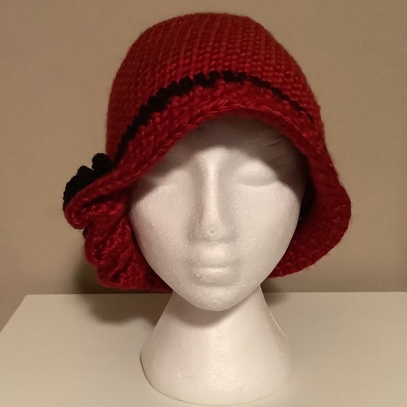 Accessories | Ladies Beautiful Red Crocheted Cloche Hat With Black Trim ...